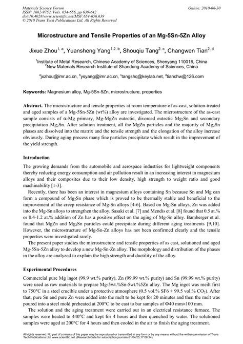 Microstructure And Tensile Properties Of An Mg 5sn 5zn Alloy Request Pdf