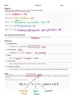 Guided Notes Teacher Guide Lesson Part Graphing Quadratic Functions