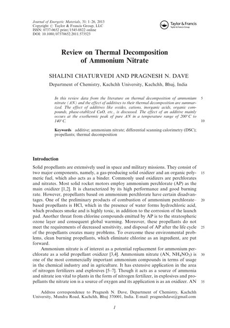 Pdf Review On Thermal Decomposition Of Ammonium Nitrate