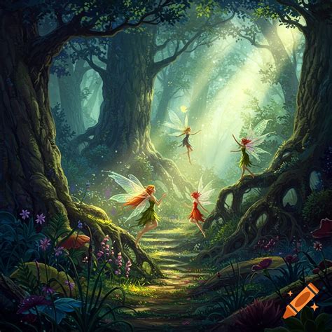 Fairies Flying And Dancing In A Magical Forest With Sunlight Filtering Through Trees On Craiyon