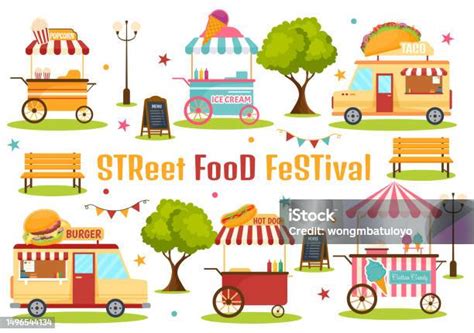 길거리 음식 축제 이벤트 벡터 일러스트레이션 여름에 사람과 푸드 트럭이 있는 플랫 만화 손으로 그린 템플릿의 야외 도시 공원 음식에 대한 스톡 벡터 아트 및 기타 이미지