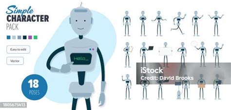 여러 포즈 세트의 간단한 평면 Ai 인공 지능 로봇 벡터 캐릭터입니다 기계류에 대한 스톡 벡터 아트 및 기타 이미지 기계류 단순함 로봇 Istock