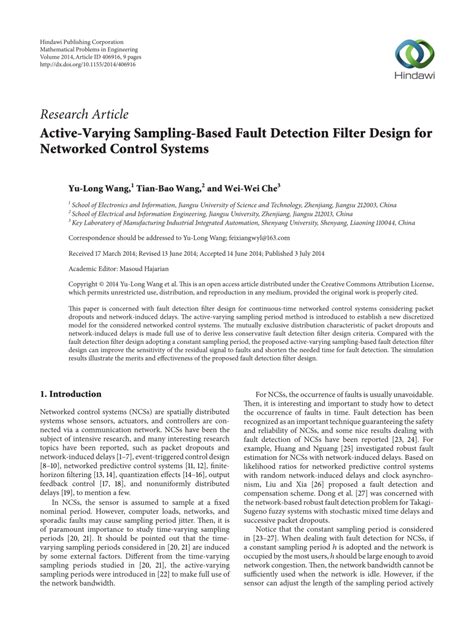 Pdf Active Varying Sampling Based Fault Detection Filter Design For Networked Control Systems