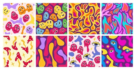 용암 램프 패턴 복고풍 녹는 얼굴 환각적인 거품 액체 심장 및 히피 버섯 빈티지 이음새가 없는 벡터 배경 세트 1970 1979 년에 대한 스톡 벡터 아트 및 기타 이미지