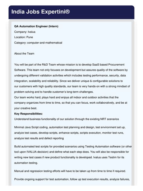 Qa Automation Engineer Intern Pune Ivalua Ae851c15e0 Pdf Automation Quality Assurance
