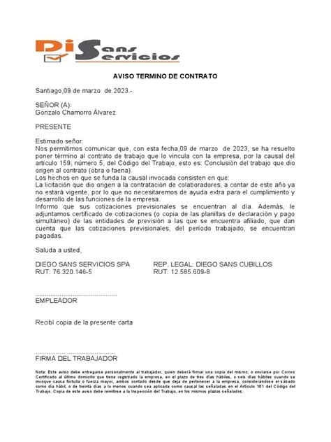 Carta Aviso Termino De Contrato Pdf