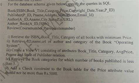 Solved For The Database Schema Given Below Specify The