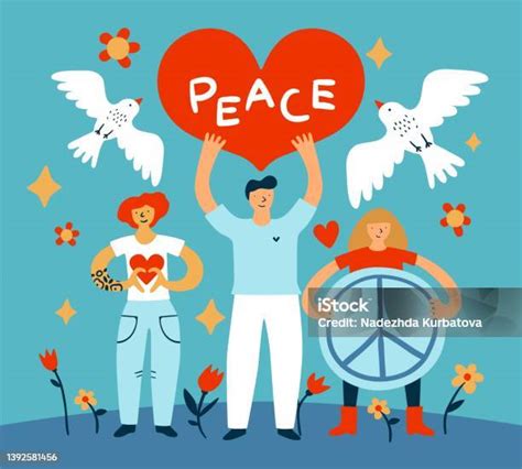 평화의 사람들 포스터 손에 평화로운 상징을 가진 행복한 캐릭터 전쟁 배너를 중지하십시오 큰 심장과 히피 기호 날으는 새 꽃과 비둘기 평화주의 활동가들 벡터 개념 귀여운에