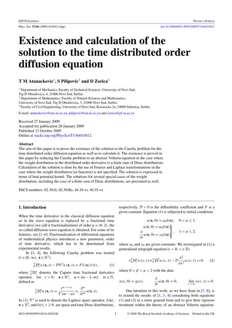 Pdf Existence And Calculation Of The Solution To The Time Distributed Order Diffusion Equation
