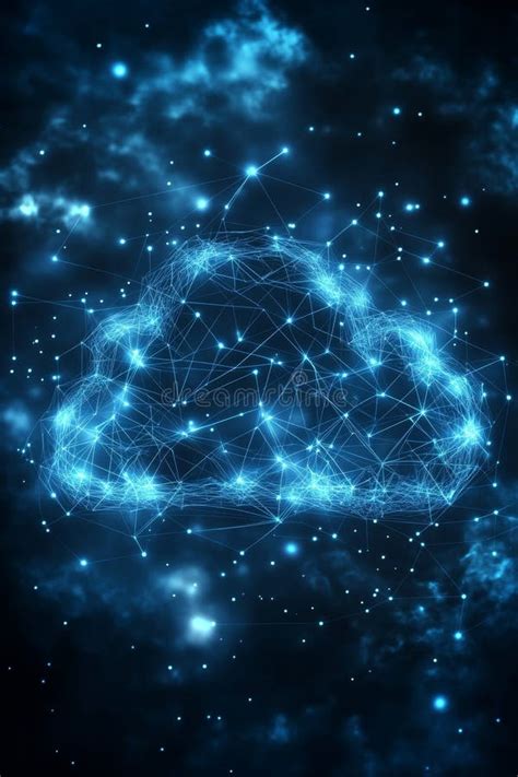 Futuristic Cloud Computing Visualization With Glowing Nodes And Lights Trails In Dark Blue Space