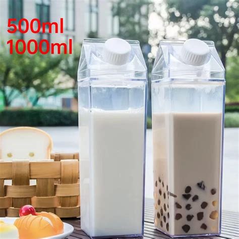 우유 상자 물병 투명 플라스틱 휴대용 투명 상자 주스 차 병 500ml 1000ml Aliexpress