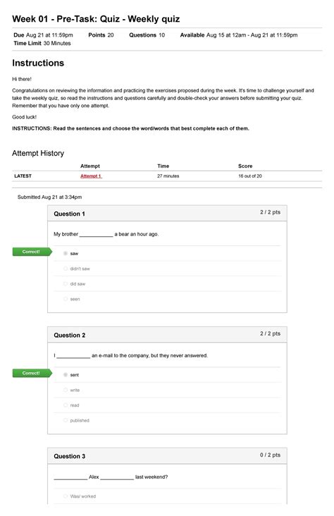 Week Pre Task Quiz Weekly Quiz Ingles IV Week Pre Task Quiz Weekly Quiz