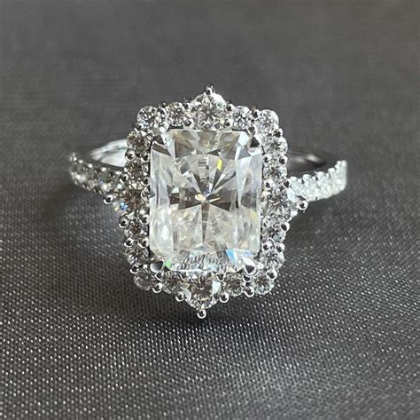 Radiant Cut Halo Diamond Engagement Ring Rose Gold Pavé Band Vintage