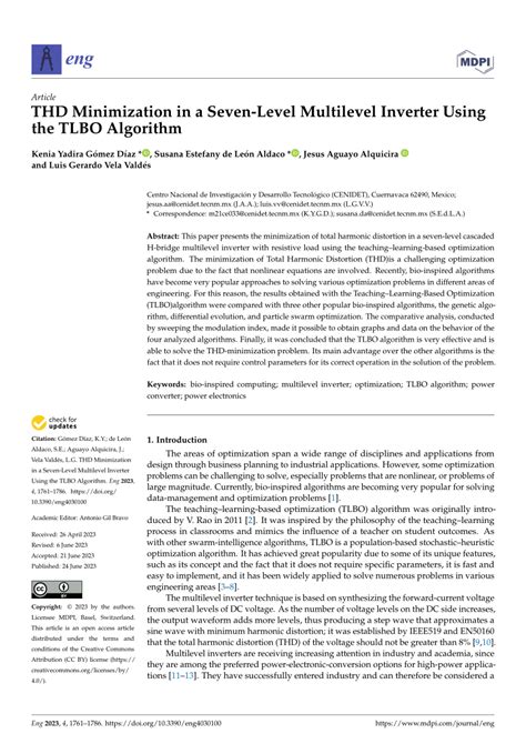 Pdf Thd Minimization In A Seven Level Multilevel Inverter Using The Tlbo Algorithm