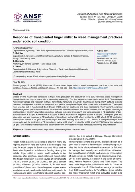 Pdf Response Of Transplanted Finger Millet To Weed Management