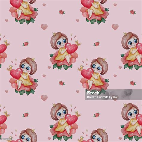 매끄러운 패턴 크라운을 가진 귀여운 소녀 공주는 마음과 꽃과 분홍색 배경에 새와 함께 큰 마음으로 꽃에 앉아있다 수채화 손 그리기 가공의 인물에 대한 스톡 벡터 아트 및