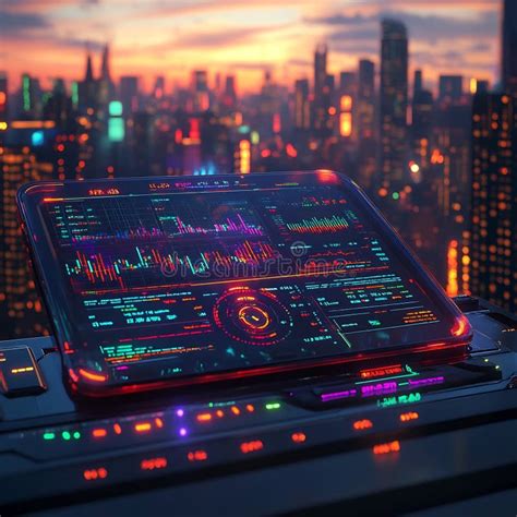 Futuristic Holographic Dashboard Displaying Dynamic Market Data Against Vibrant Cityscape Stock