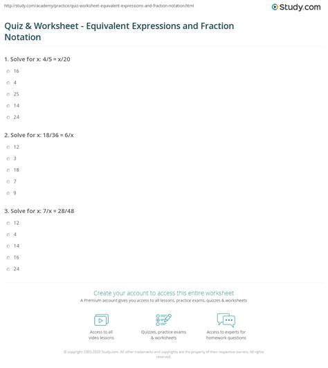 Quiz And Worksheet Equivalent Expressions And Fraction Notation