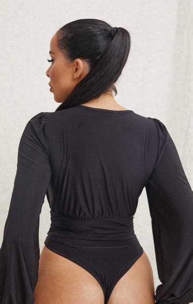Black Puff Sleeve Ruched Bust Plunge V Neck Fitted Bodysuit Emani