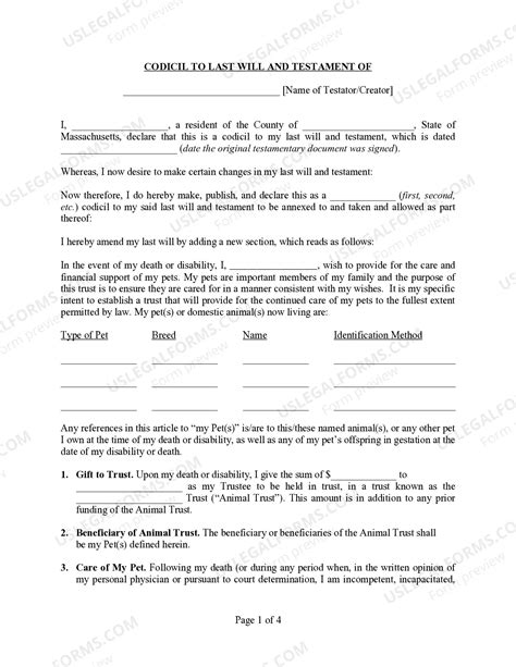 Massachusetts Codicil To Will Form For Amending Your Will