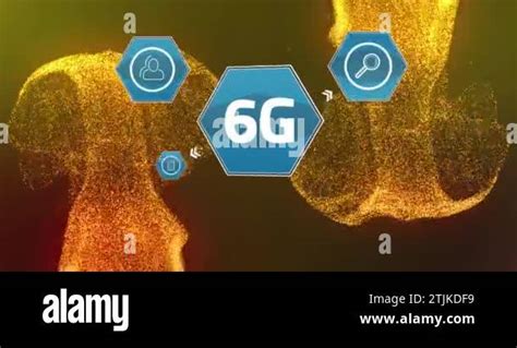 Animation Of 6g Text And Media Icons Over Glowing Yellow Particles