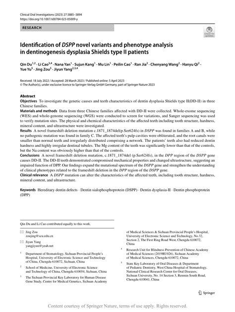 Identification Of Dspp Novel Variants And Phenotype Analysis In
