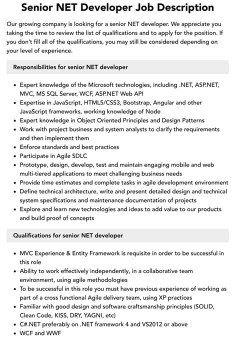 Senior Net Developer Job Description Velvet Jobs