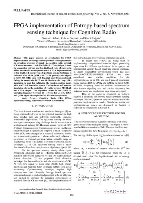 Pdf Fpga Implementation Of Entropy Based Spectrum Sensing Technique For Cognitive Radio