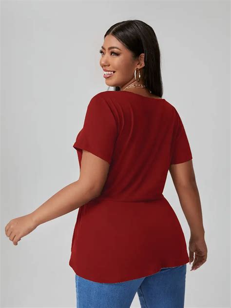Plus Size Ruched Front Deep V Neck Peplum Tops Womens Plus Regionname