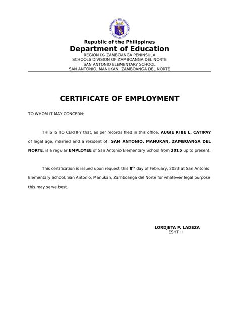 Certificate Of Employment Republic Of The Philippines Department Of