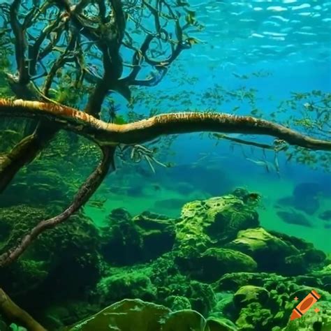 Beautiful Antiguan And Barbudan Jungle Landscape Underwater With Trees