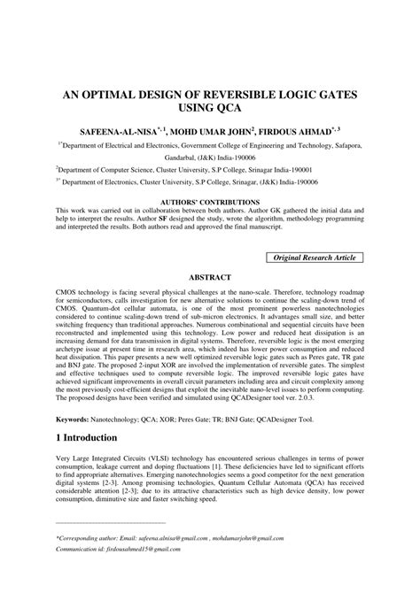 Pdf An Optimal Design Of Reversible Logic Gates Using Qca