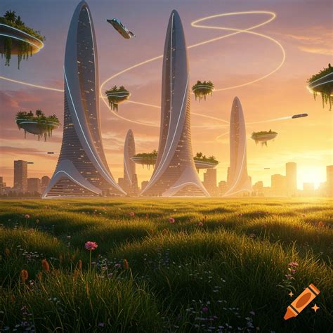 Futuristic Cityscape With Sleek Towers And Flying Vehicles Set Against