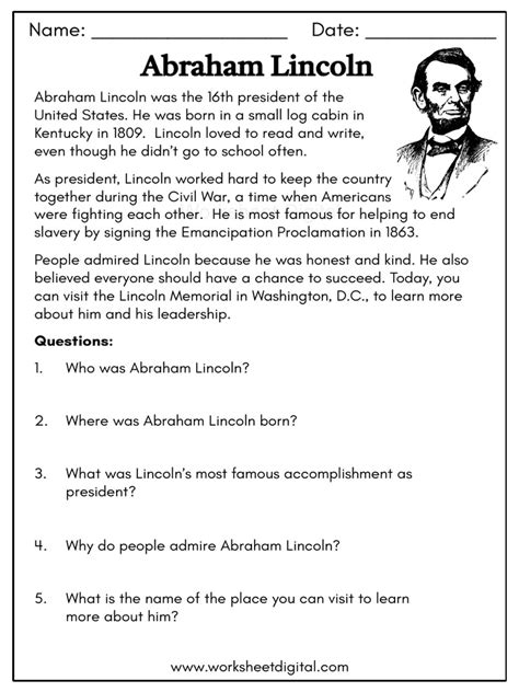 Abraham Lincoln Comprehension Passage Rtqyae Pdf