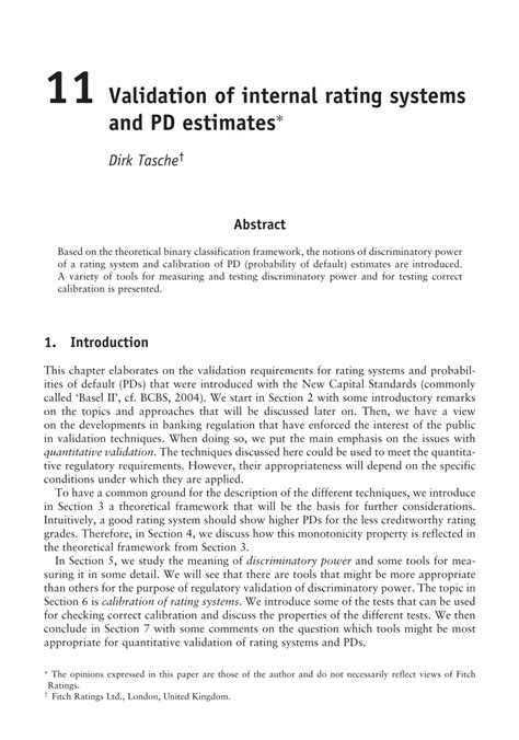 Pdf Validation Of Internal Rating Systems And Pd Estimates