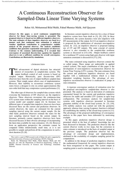 Pdf A Continuous Reconstruction Observer For Sampled Data Linear Time Varying Systems