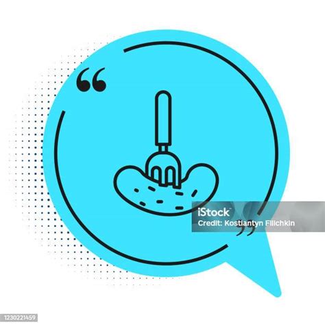 흰색 배경에 고립 된 포크 아이콘에 검은 선 절인 오이 파란색 음성 풍선 기호입니다 벡터 일러스트레이션 건강한 생활방식에 대한