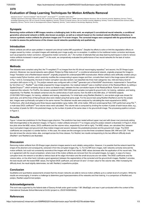 Pdf Evaluation Of Deep Learning Techniques For Motion Artifacts Removal