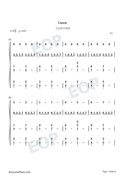 Canon Piano Four Hands Numbered Musical Notation Preview
