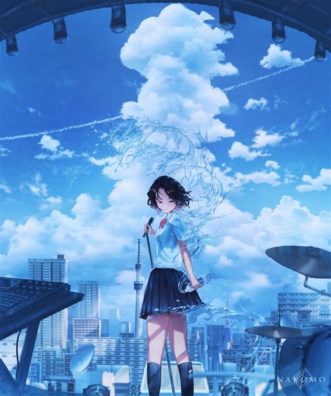 Safebooru 1girl Absurdres Amplifier Artist Name Black Hair Blue Eyes Blue Theme Bottle Bow