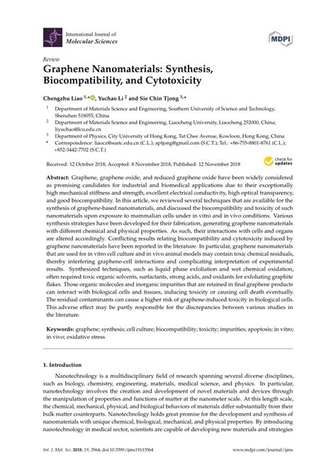 Pdf Graphene Nanomaterials Synthesis Biocompatibility And Cytotoxicity