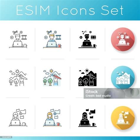 원격 작업 아이콘 세트입니다 비디오 편집 및 디자인 데이터 입력 작업 일러스트레이터및 프리랜서 매니저 비디오 편집기 선형 검정 색 및 Rgb 색상 스타일 격리된 벡터 그림