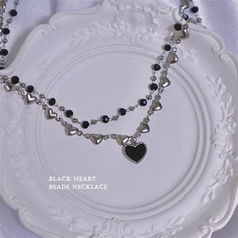 루나링 아이브 가을 착용 써지컬스틸 블랙 하트 비즈 목걸이 레이어드 볼 체인 도트 위시버킷