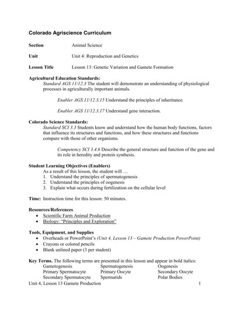 Genetic Variation And Gamete Formation Animal Science Lesson