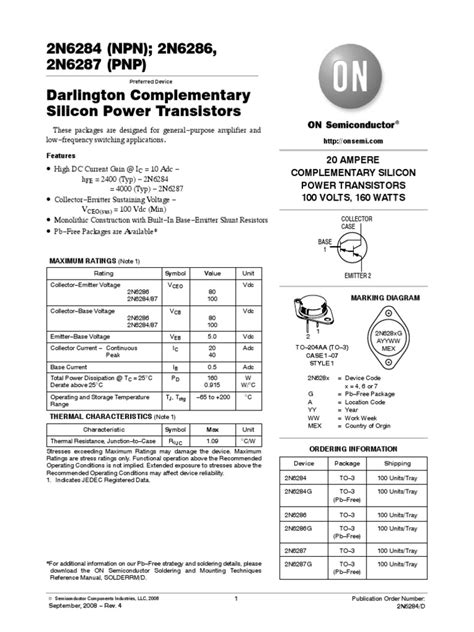 2n6284 Npn 2n6286 2n6287 Pnp Darlington Complementary Silicon Power Transistors Pdf