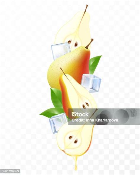 얼음 조각이 떨어지거나 날아가는 신선한 배 나뭇잎 전체 배 반 배 조각 투명한 배경에 분리된 3d 사실적인 벡터 일러스트레이션이
