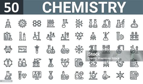 분젠 버너 바이러스 화합물 시험관 시험관 화학 결합 병 벡터 얇은 아이콘 보고서 프리젠 테이션 다이어그램 웹 디자인 모바일과 같은 50 개요 웹 화학 아이콘 세트 0명에