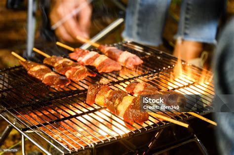 여름 캠프 여행에서 캠프장에서 바베큐를 굽고 캠핑에서 바베큐 파티 저녁 식사에 돼지 고기와 쇠고기 필레를 꼬치에 꿰고 여름 캠프