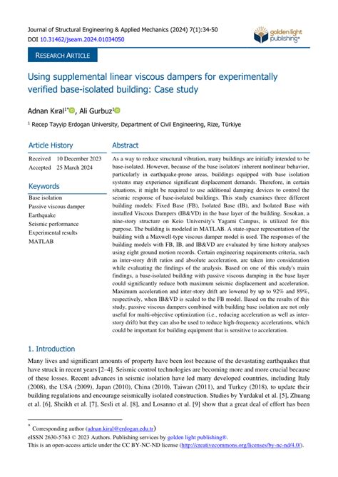 Pdf Using Supplemental Linear Viscous Dampers For Experimentally Verified Base Isolated