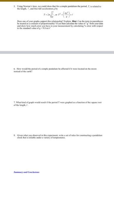 Solved Data Table To Investigate The Period Depends En Chegg Com